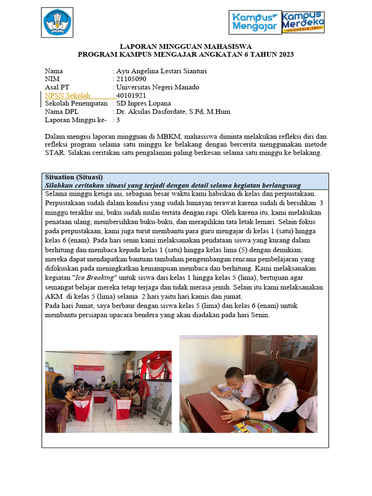LAPORAN MINGGU KE-3 (Ayu Angelina Lestari Sianturi) | PDF | Seni & Disiplin Bahasa | Kesehatan ...