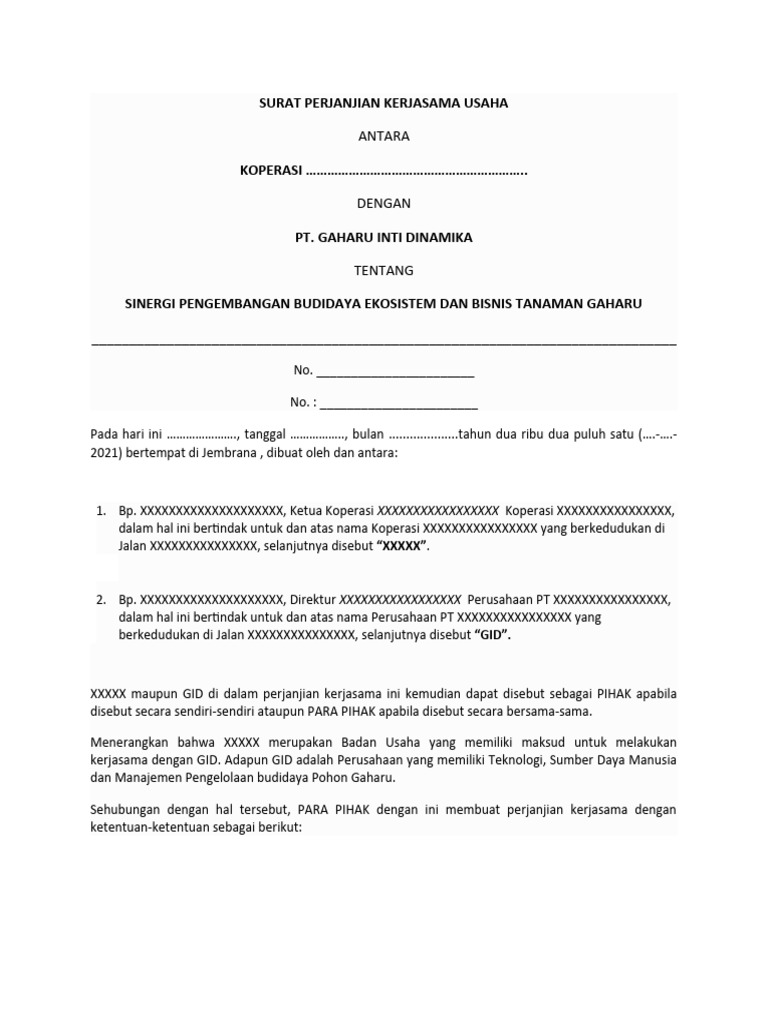 SURAT PERJANJIAN KERJASAMA USAHA GID KOPERASI | PDF