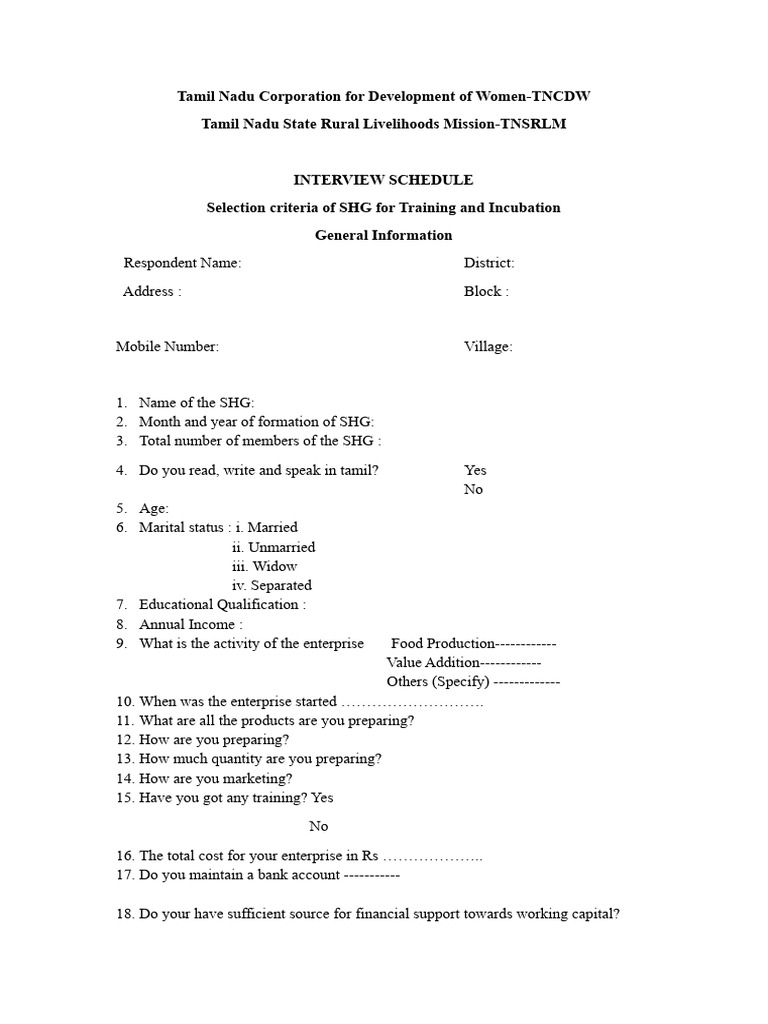 Self Help Group - Interview Schedule | PDF | Loans | Economies