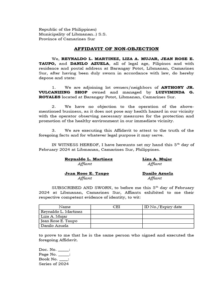 Affidavit of Non-Objection of Adjoining Lot Owners | PDF