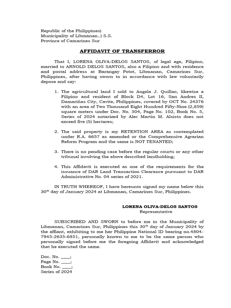 Affidavit of Transferror | PDF