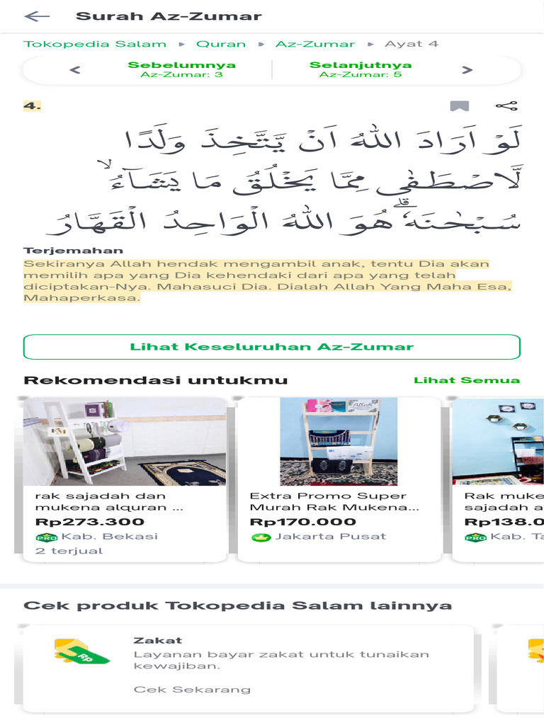 Surat Az-Zumar Ayat 4 Arab, Latin, & Terjemahan Tokopedia Salam | PDF