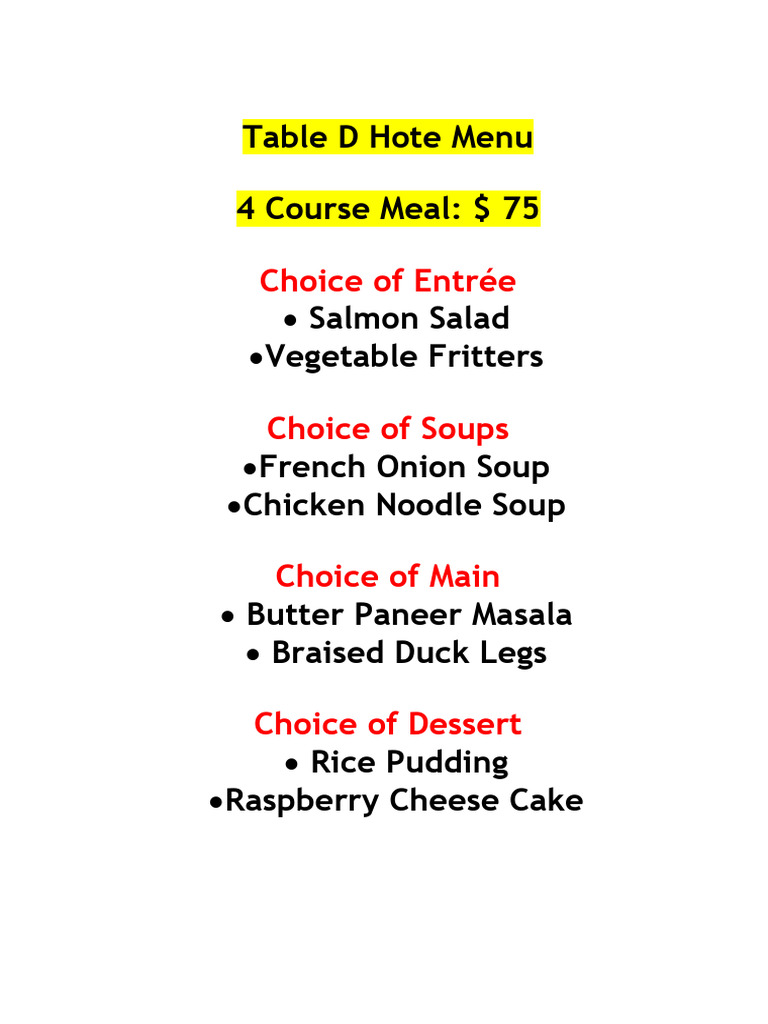 Table D Hote Menu | PDF | Garlic | Cakes Table D Hote Menu | PDF | Garlic | Cakes