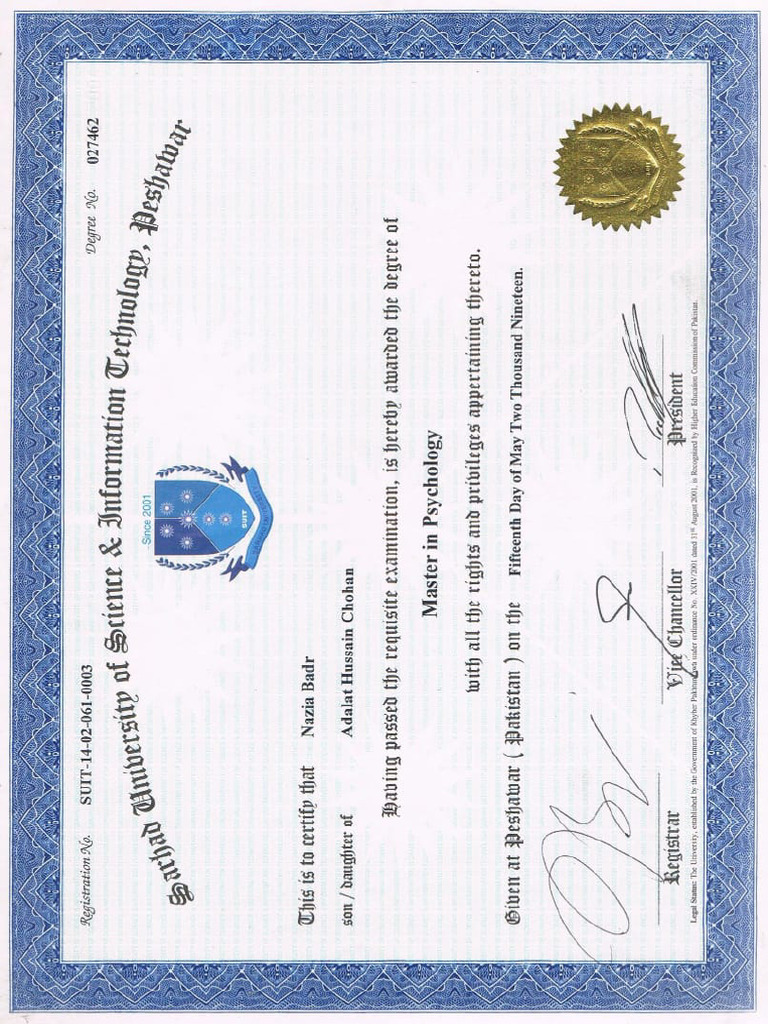 MSC Psychology Certificate | PDF