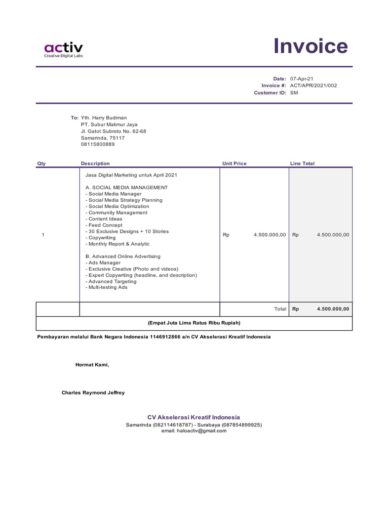 April 2021 Digital Marketing Invoice | PDF