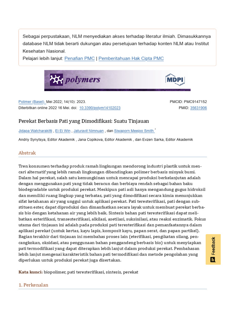 Perekat Berbasis Pati Yang Dimodifikasi Tinjauan - PMC | PDF