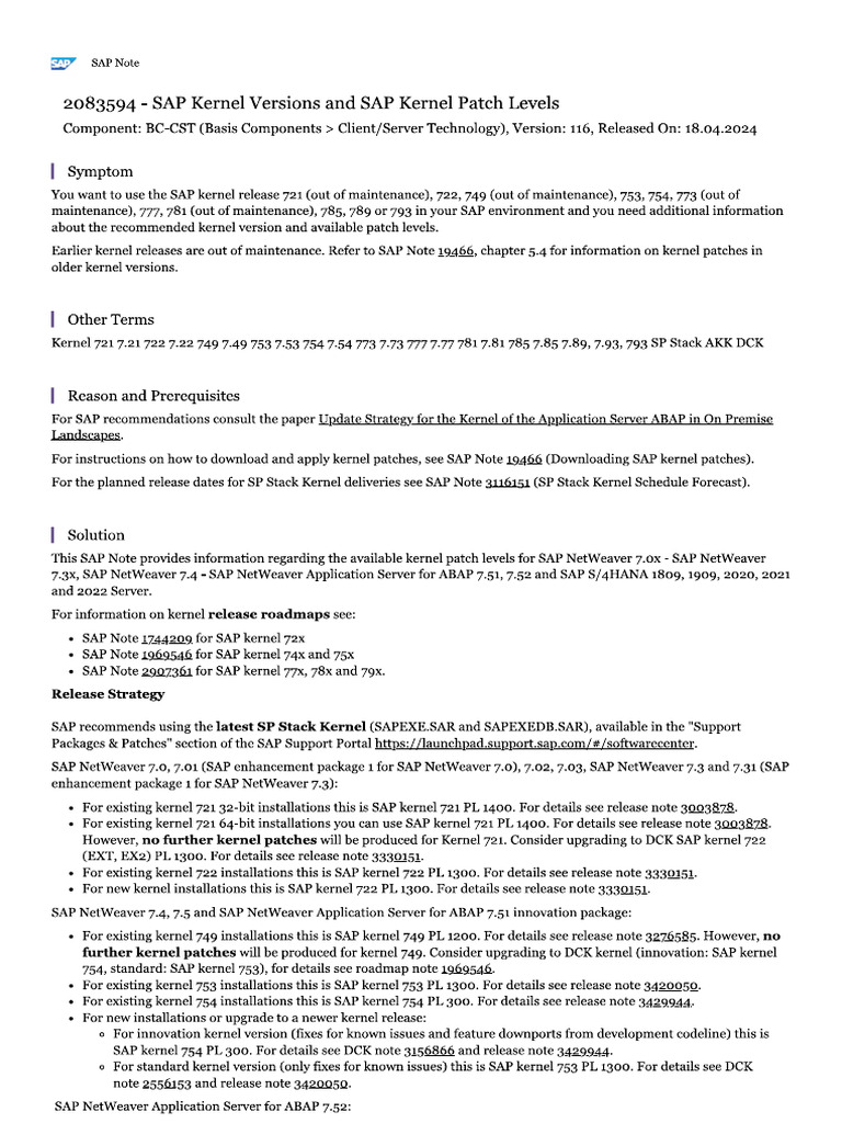 SAP Kernel Versions and SAP Kernel Patch Levels | PDF
