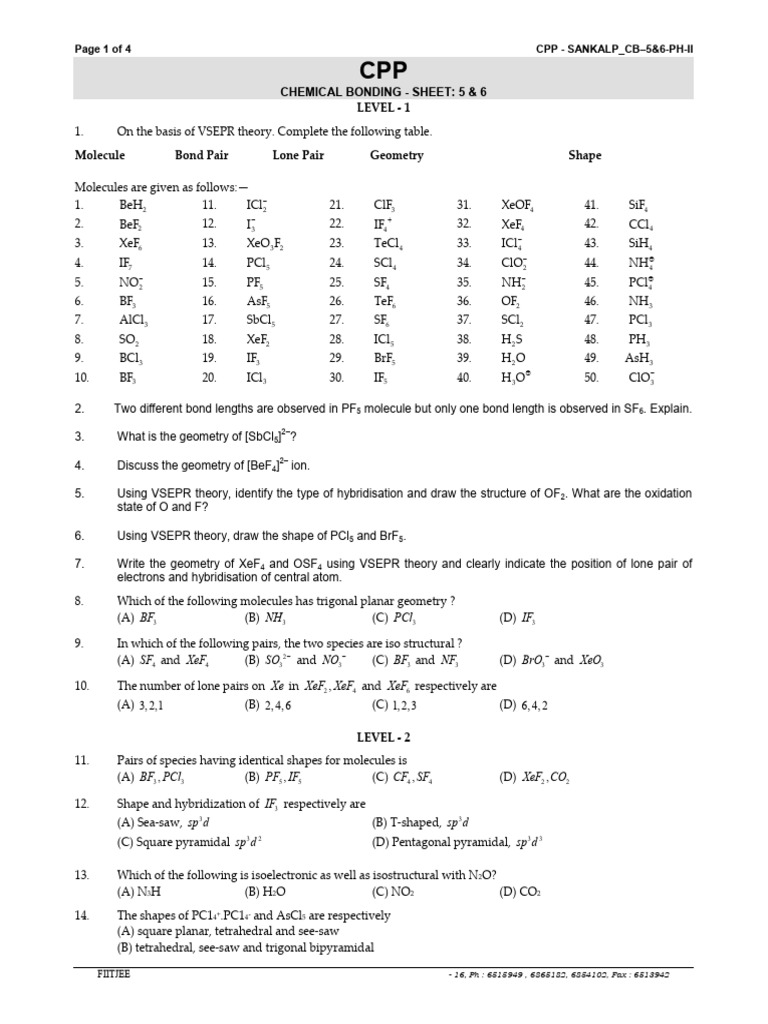 Chemical Bonding - Sheet: 5 & 6 Level - 1: Page 1 of 4 CPP - Sankalp - Cb-5&6-Ph-Ii | PDF ...