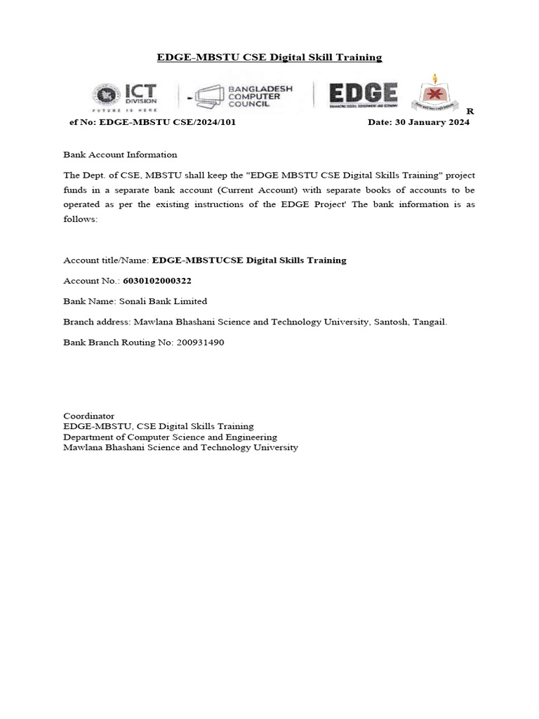EDGE-MBSTU CSE Training Bank Details | PDF