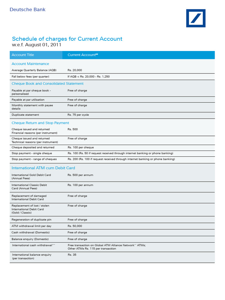 Schedule of Charges Deutsche Bank | PDF | Business | Finance & Money ...