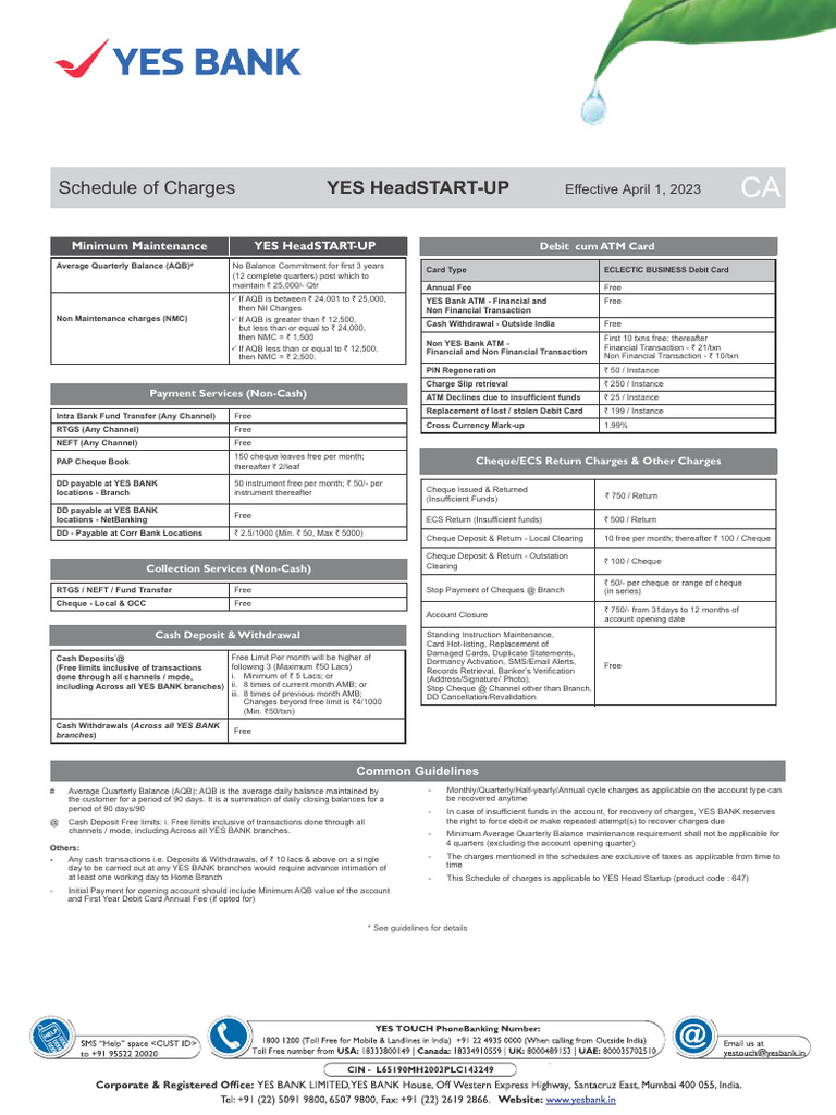 YES Bank HeadSTART-UP Charges Overview | PDF | Cheque | Banks