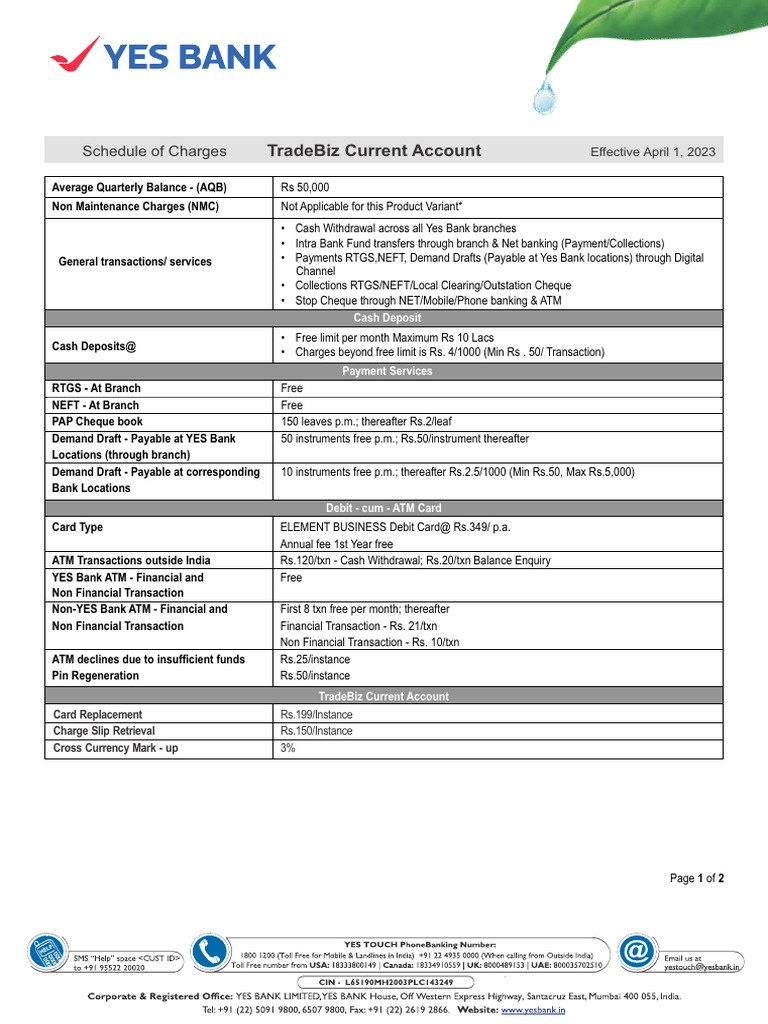 Schedule of Charges Yes Bank 6 | PDF | Transaction Account | Cheque
