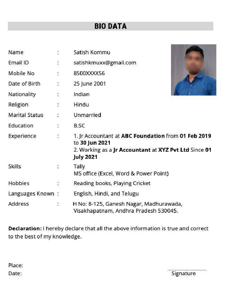 30+ Simple Bio Data Formats For Job PDF & Word (Free Download) | PDF