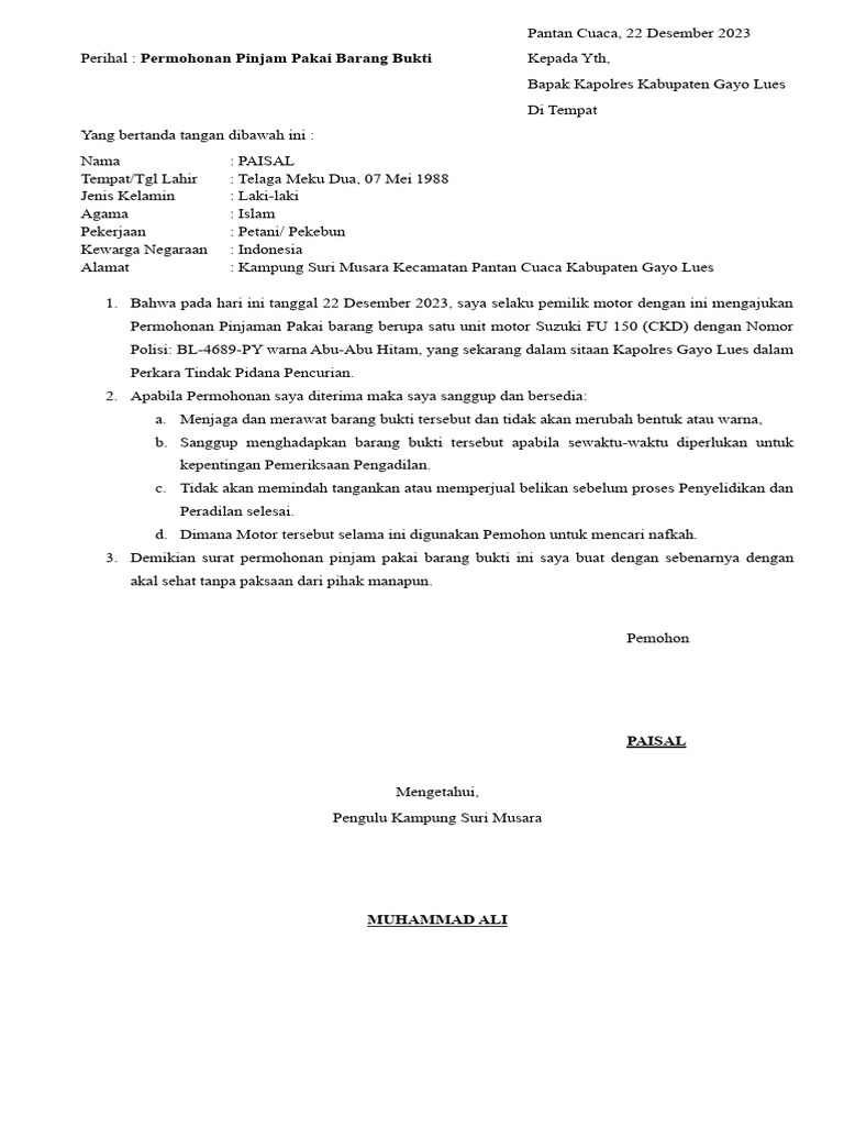 Surat Permohonan Pinjam Pakai Barang Bukti | PDF