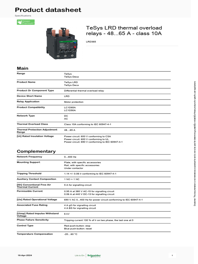 LRD365 - Schneider Electric - TeSys-Deca-Thermal-Overload-Relays ...