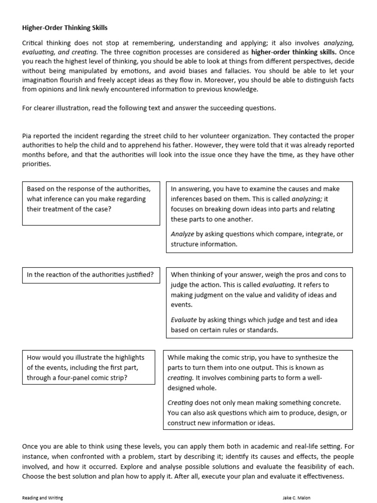Higher Order Thinking Skills | PDF | Critical Thinking | Thought