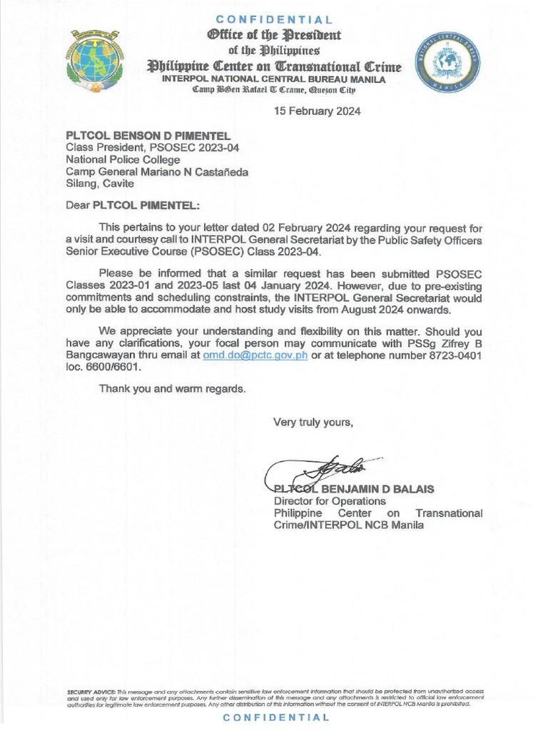 (Signed) Letter To Pltcol Pimentel | PDF