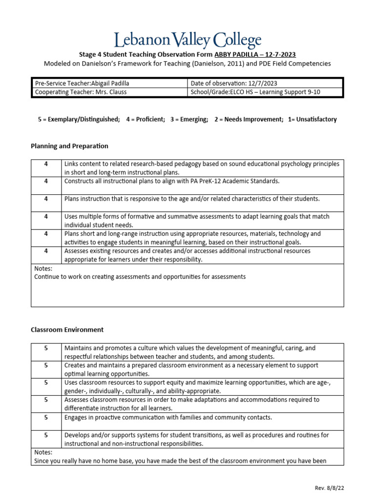 Abby - 2-Student Teaching Observation Supervisor Form 12-7-23 | PDF ...