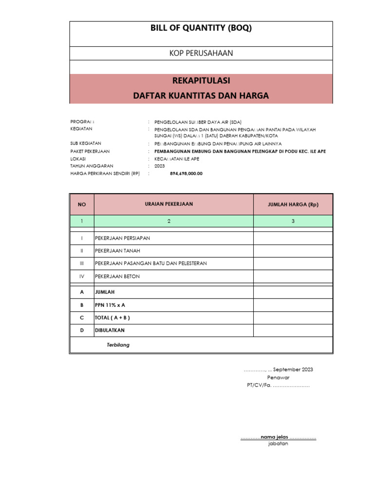 Boq Pembangunan Embung Di Podu | PDF | Teknologi & Rekayasa