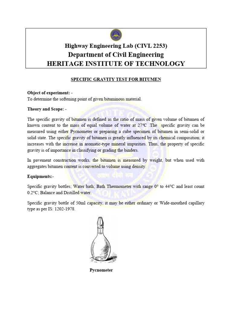 Specific Gravity of Bitumen | PDF | Water | Quantity