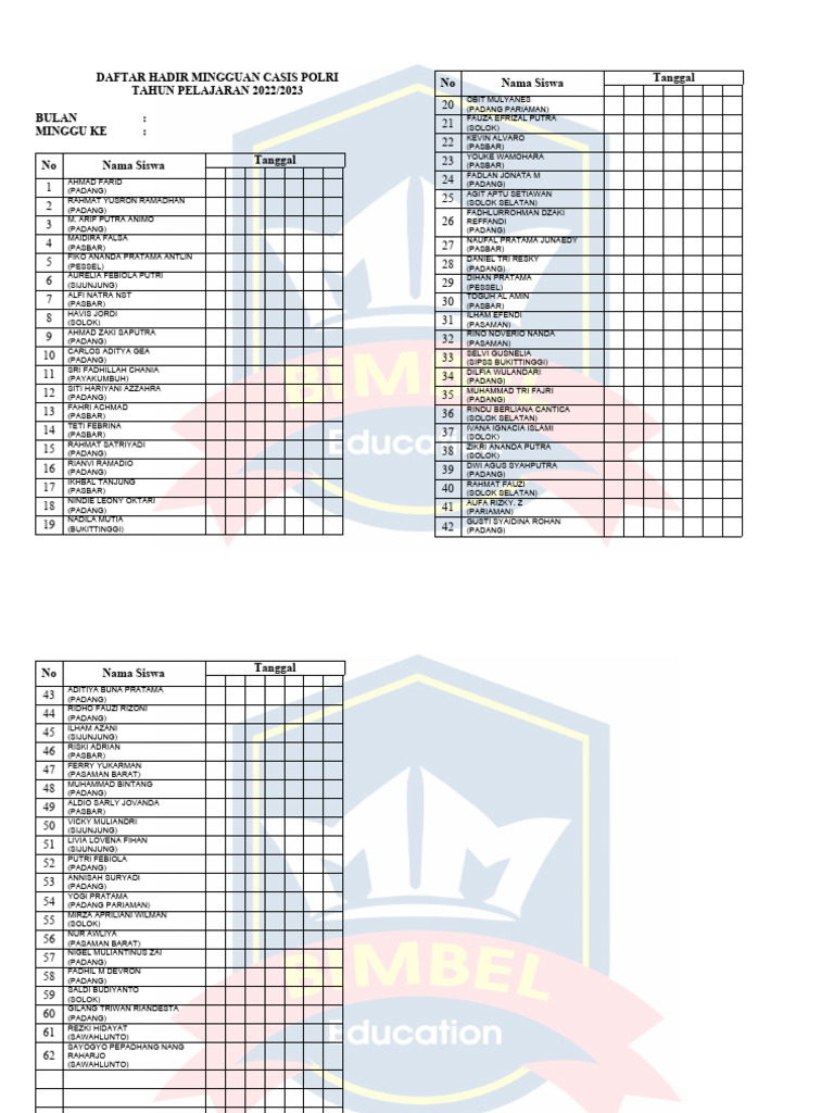 Daftar Hadir Mingguan CASIS POLRI | PDF