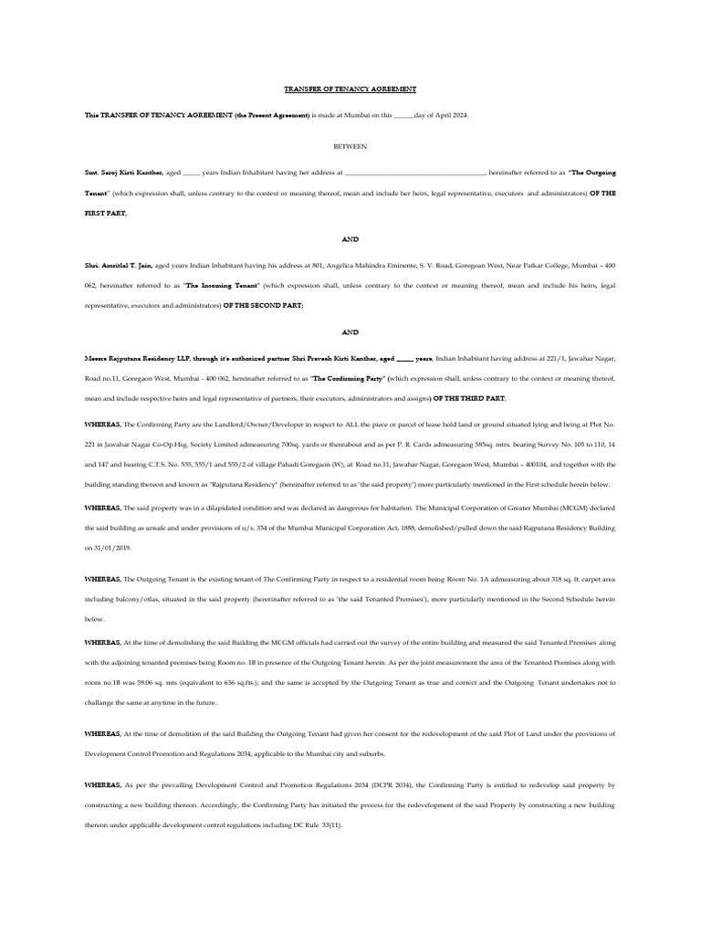 Amritlal Jain Transfer of Tenancy Agreement | PDF | Leasehold Estate ...