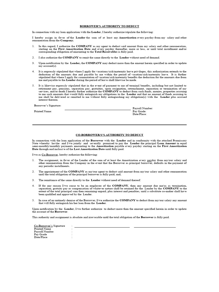 Sample Copy of Authority to Deduct | PDF | Loans | Salary