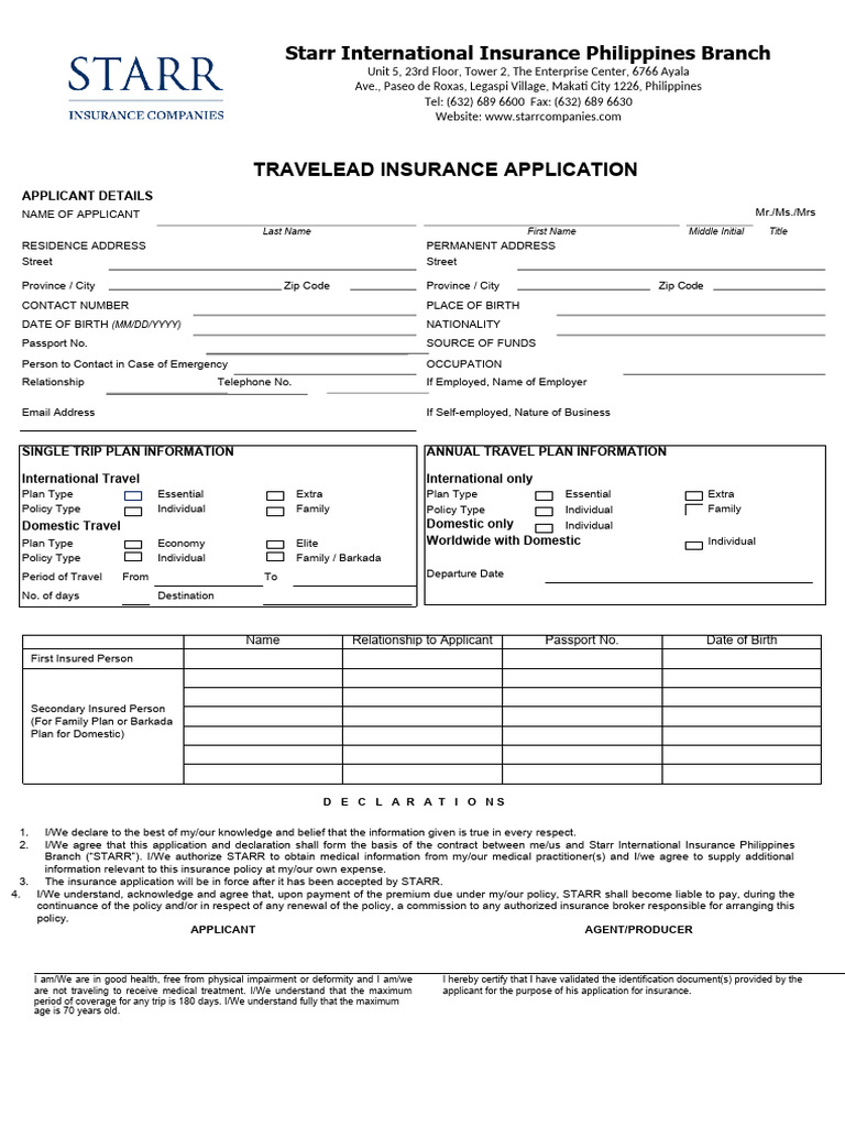 STARR Travel Insurance Application Form | PDF | Insurance | Financial ...