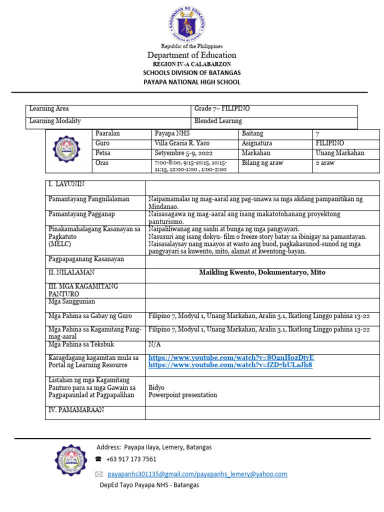 LE Q1 Week 3 g7 Filipino | PDF