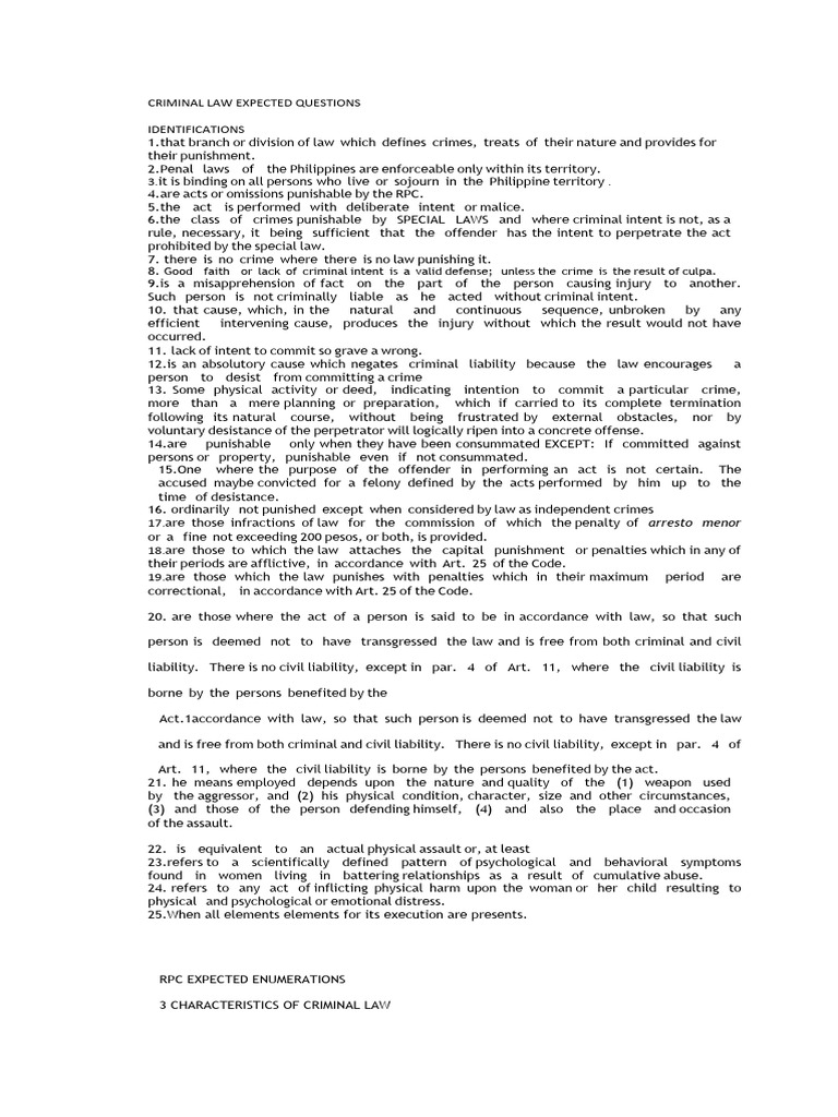 Criminal Law Expected Questions | PDF | Crimes | Crime & Violence