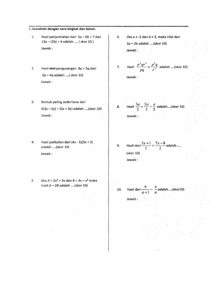Kumpulan Soal Bentuk Aljabar | PDF