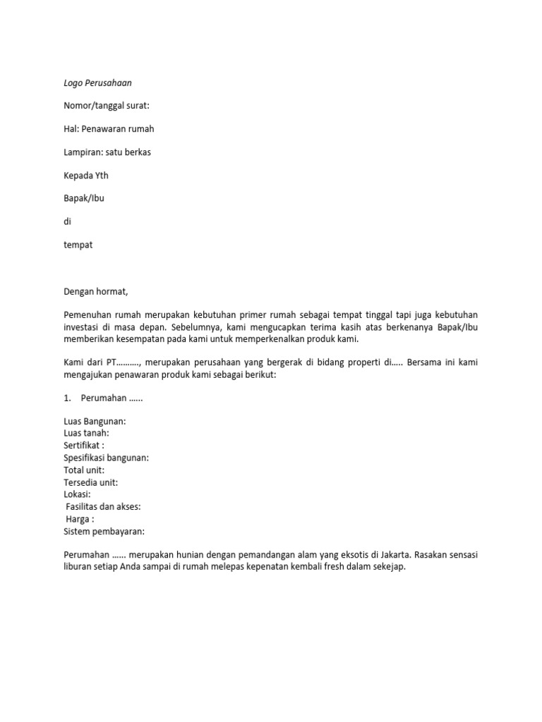 Contoh Surat Penawaran Rumah Dari Developer | PDF