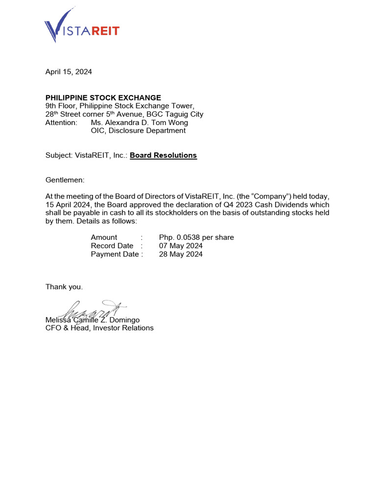 VistaREIT Q4 2023 Dividend Announcement | PDF | Dividend | Taxes