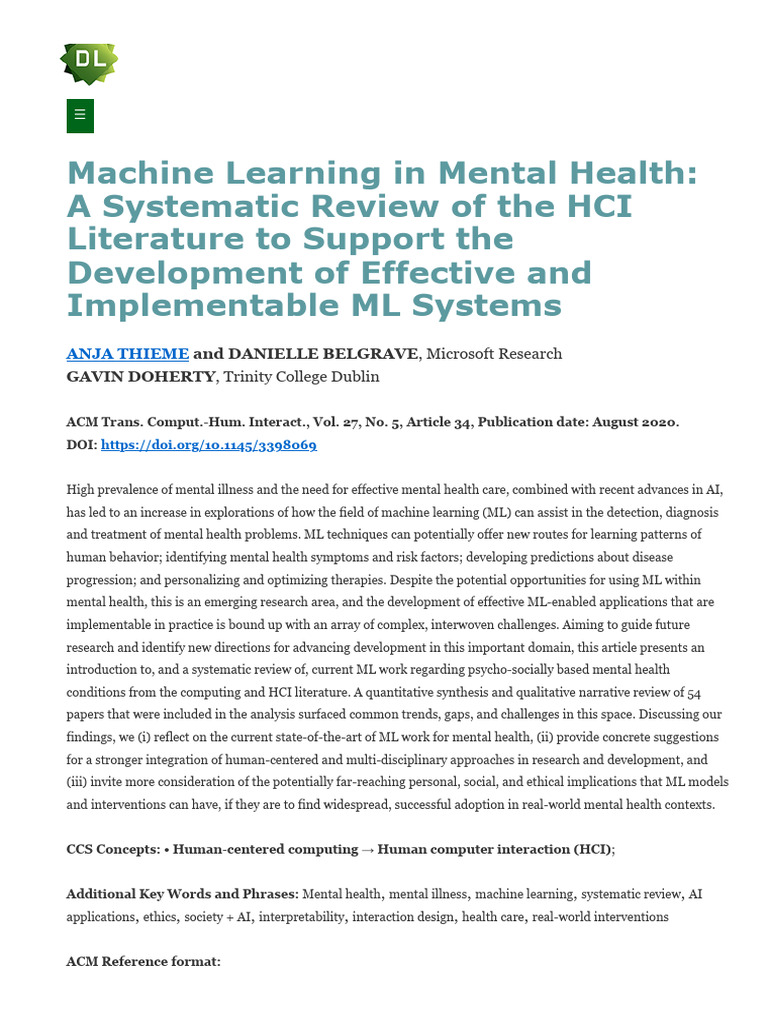Machine Learning In Mental Health A Systematic Review Of The Hci Literature To Support The