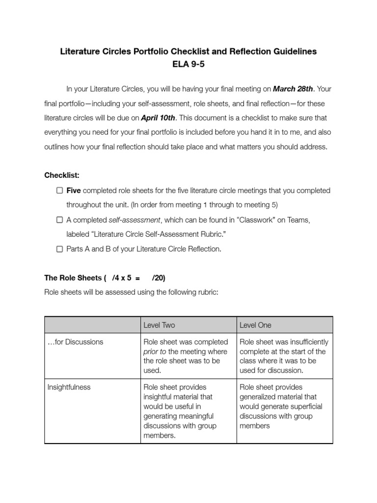 literature circles portfolio checklist and reflection guidelines | PDF ...