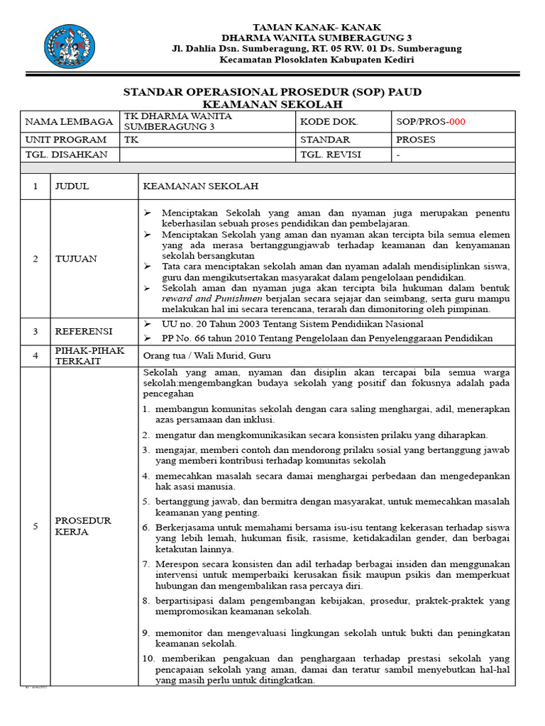 Sop Keamanan Sekolah TK Sumberagung 3 | PDF
