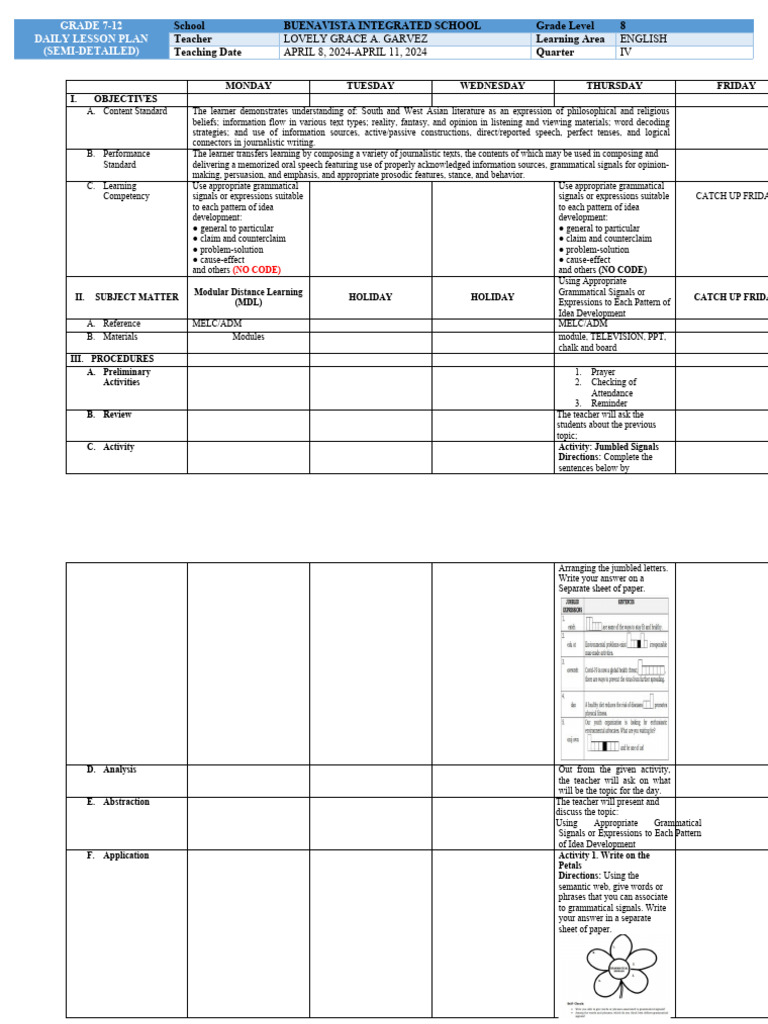Eng8 Q4 DLP W2 | PDF | Cognitive Science | Linguistics