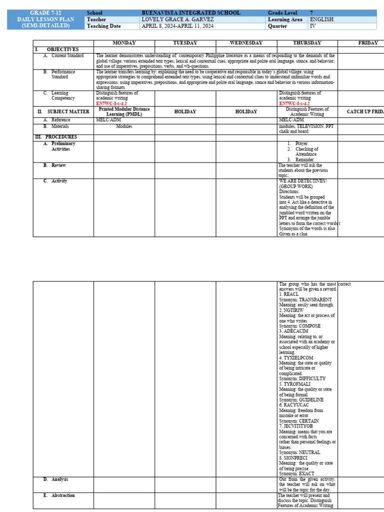 Eng7 Q4 DLP W2 | PDF | Learning | Human Communication