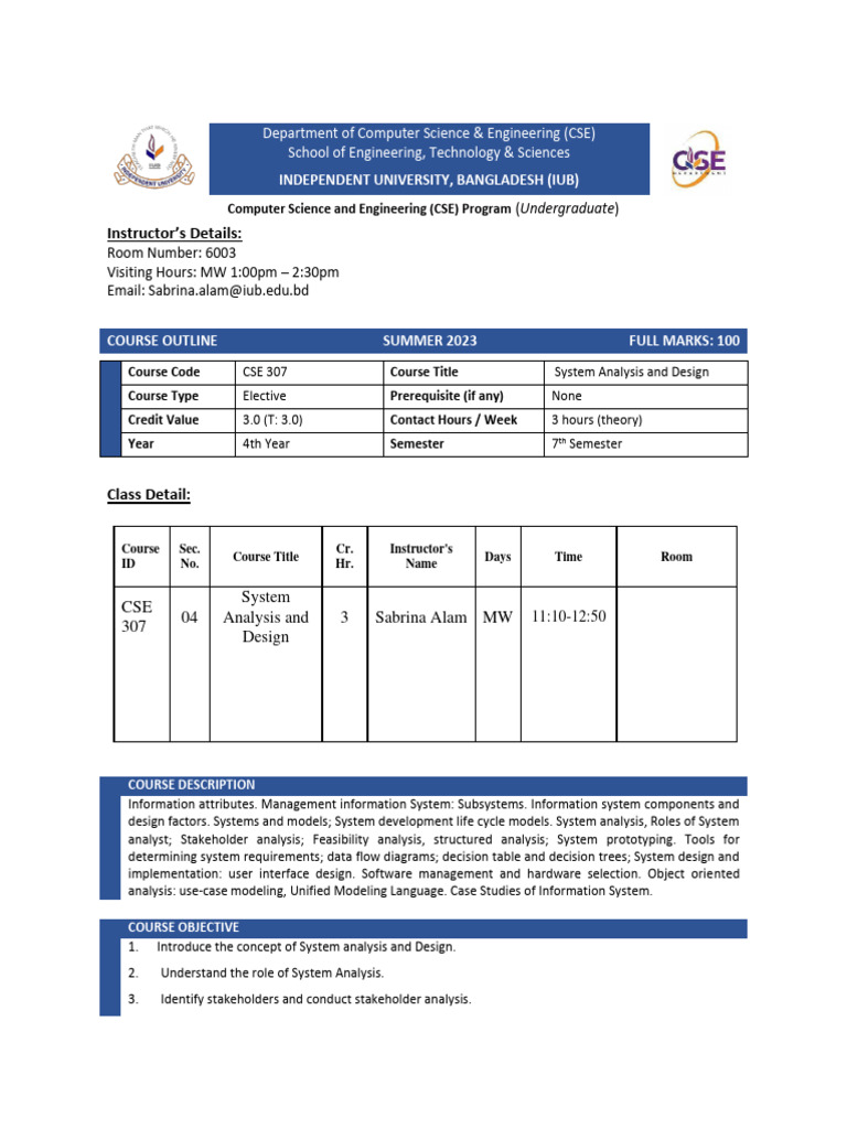 Iub Obe Cse 307 Course Outline Spring 2024 Pdf System Computing