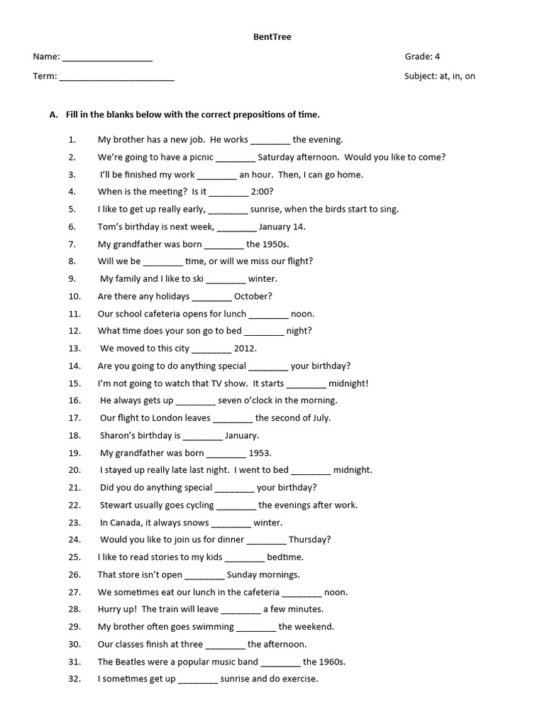 Daily Exercise Preposition of Time | PDF | Workweek And Weekend