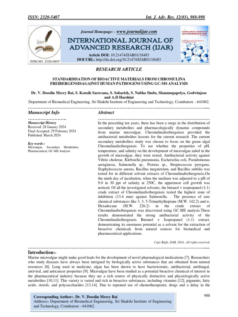 Standardisation Of Bioactive Materials From Chromulina Freibergensisagainst Human Pathogens