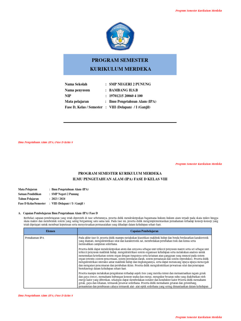 Program Semester IPA Kelas 8 | PDF | Sains & Matematika