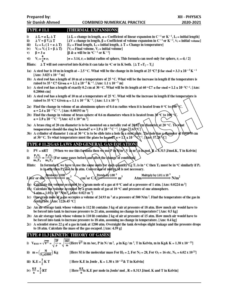 Xii Physics CH 11 Numerical Sheet | PDF | Heat | Gases