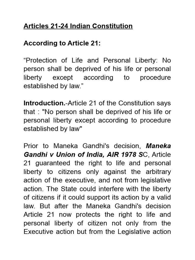 Articles 21-24 Indian Constitution | PDF | Arrest | Detention ...