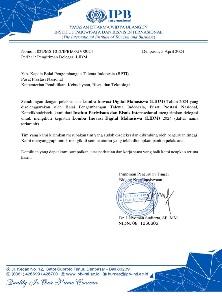 Surat Delegasi LIDM IPB Internasional 2024 | PDF