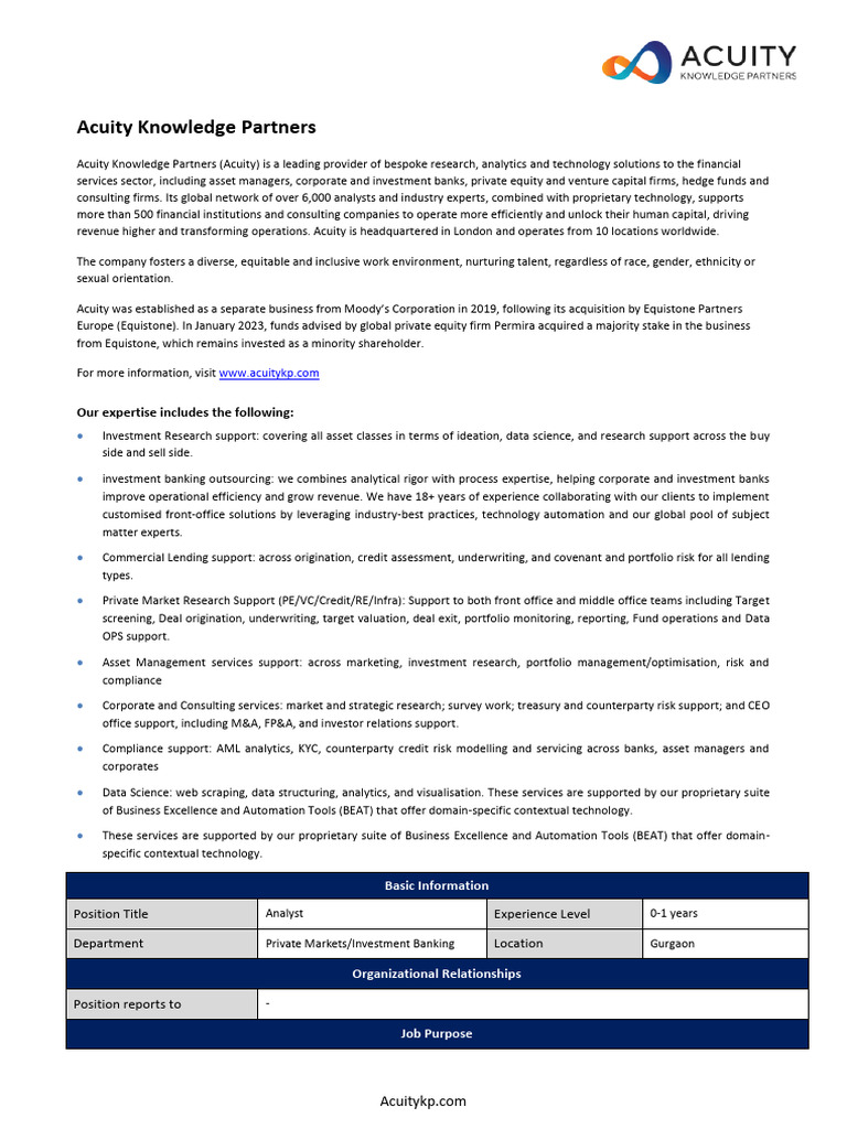 Job Description_Acuity Knowledge Partners | PDF | Investment Banking | Private Equity