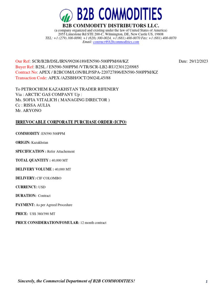 En590 - 500PPM - Icpo - Cif Colombo - 40,000MT - Petrochem Kazakhstan Trader Rifenery | PDF ...