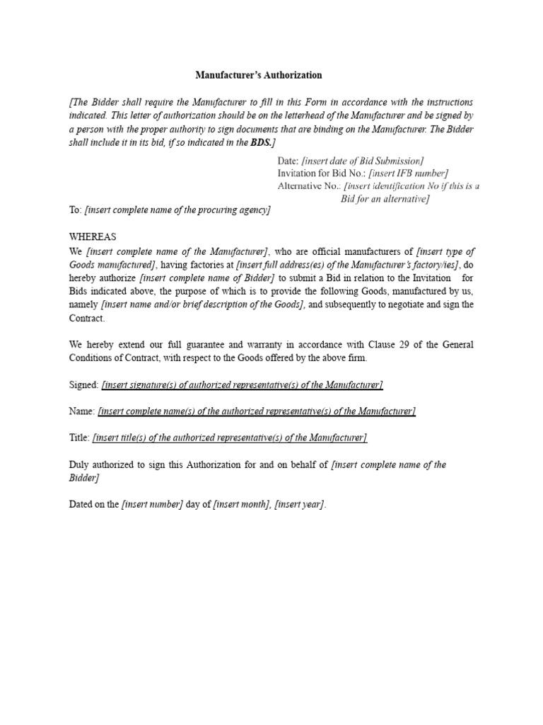 Manufacturer's Authorization Form | PDF