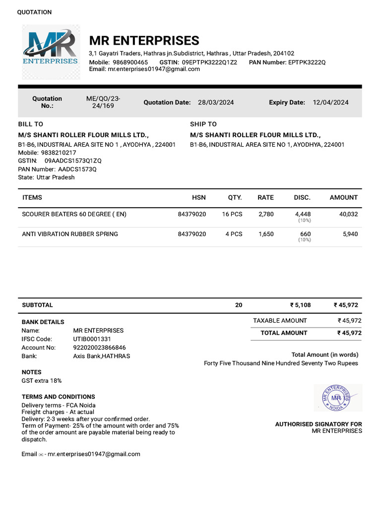 Quotation for Scourer Beaters & Springs | PDF | Payments | Taxes