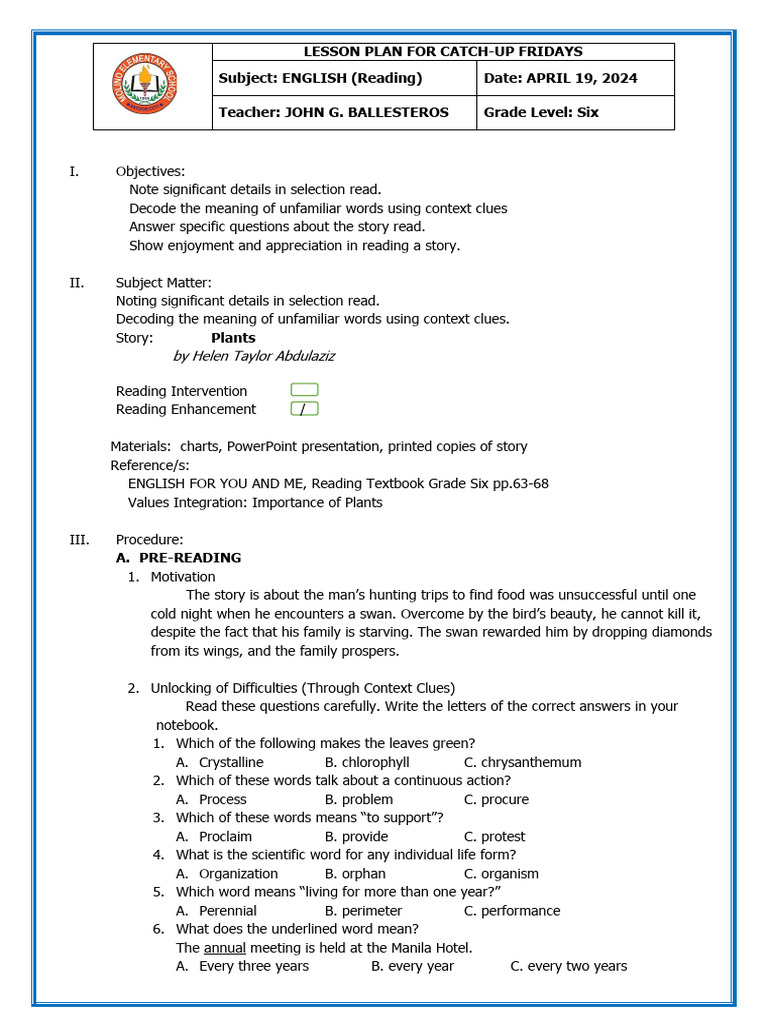 APRIL 19 - English Reading - Lesson Plan For Catch Up Fridays | PDF ...